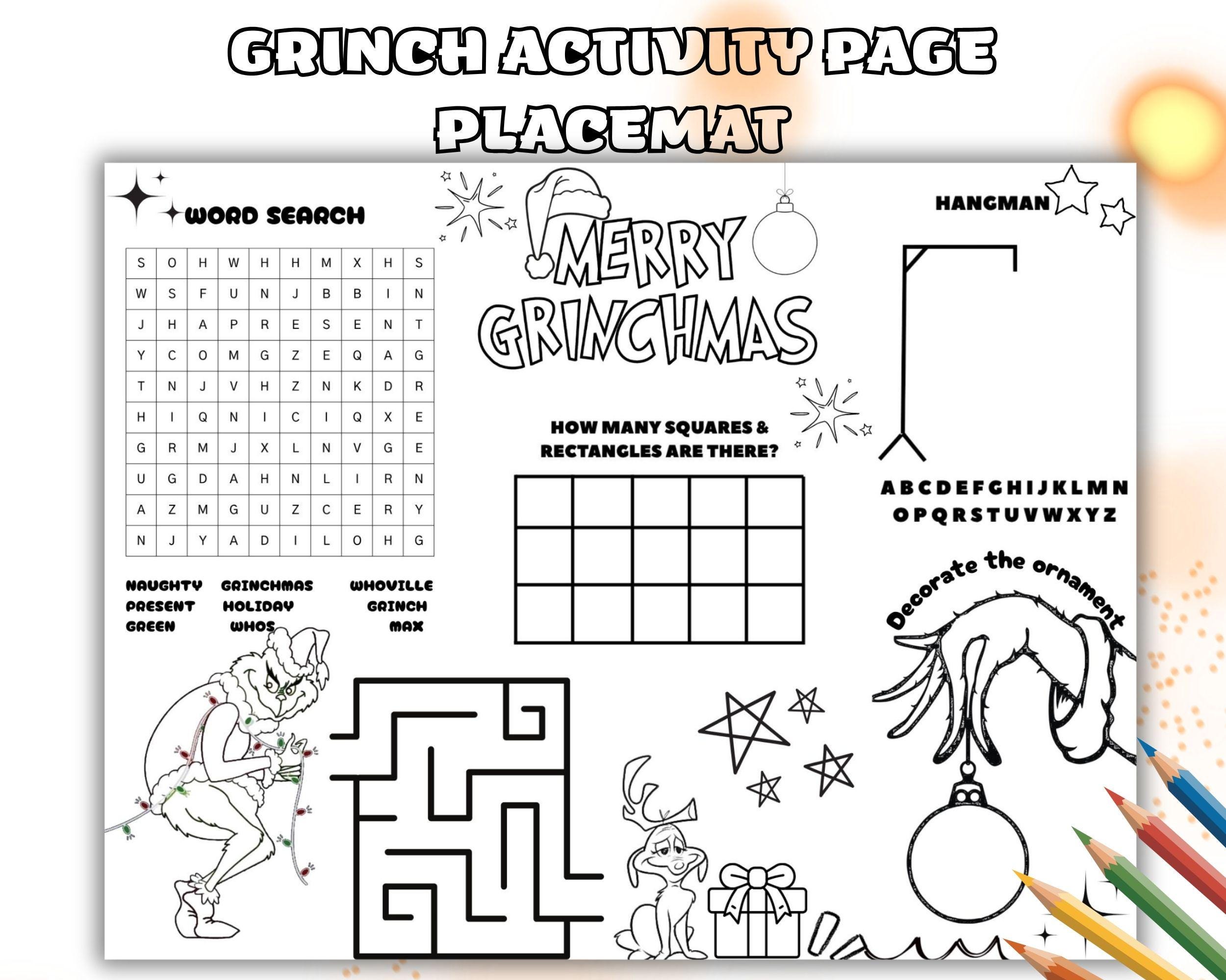 Grinch Activity Placemat | Christmas Kids Printable | Holiday Activity ...