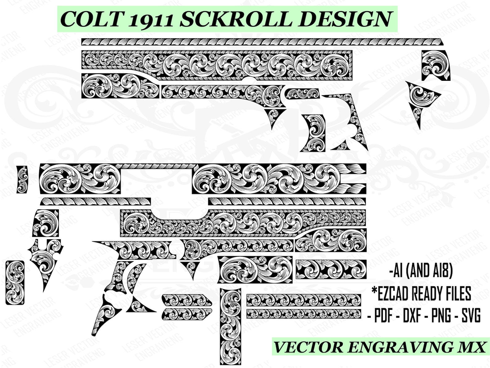 Colt 1911 SCROLL DESIGN Vector File for Laser Engraving Ezcad Ready Dxf ...