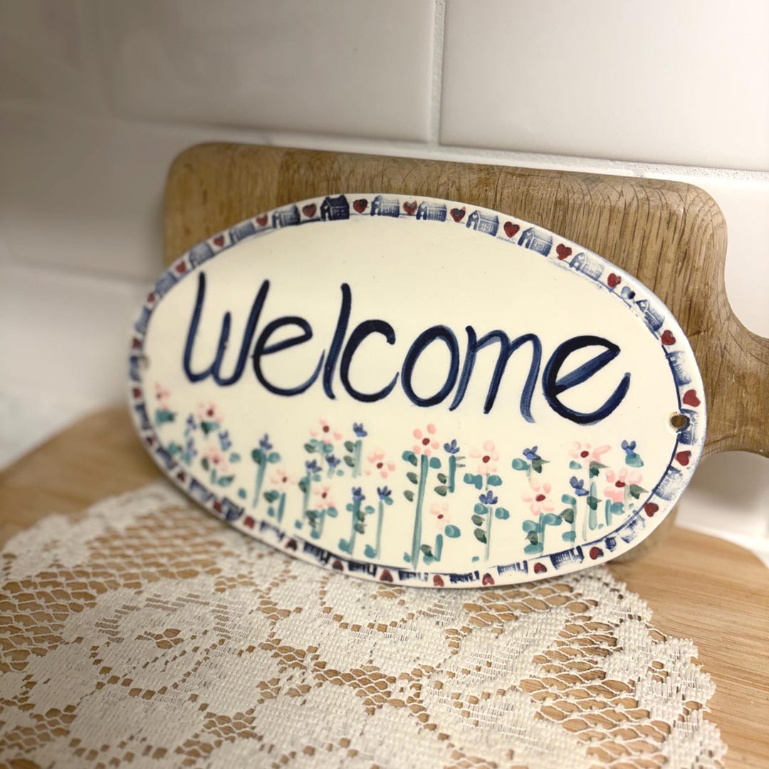 Hand-painted Pottery Welcome Sign, Floral Cottagecore Wall Plaque ...