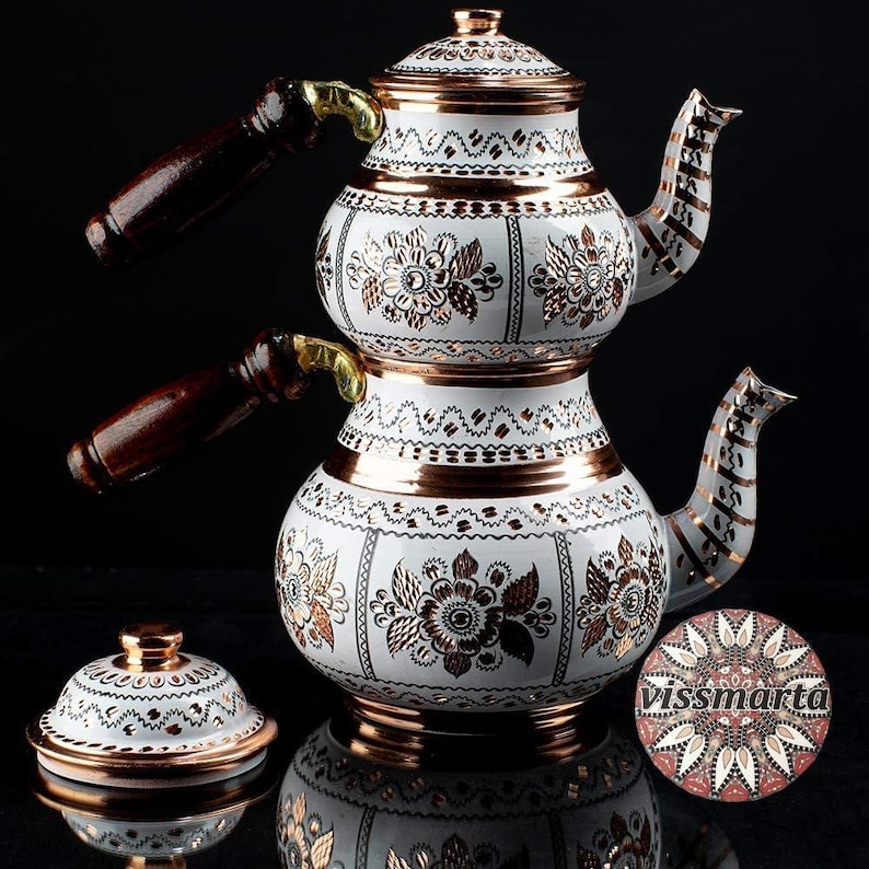 Handmade Copper Turkish Teapot Set: Engraved Double Kettle, Stovetop ...