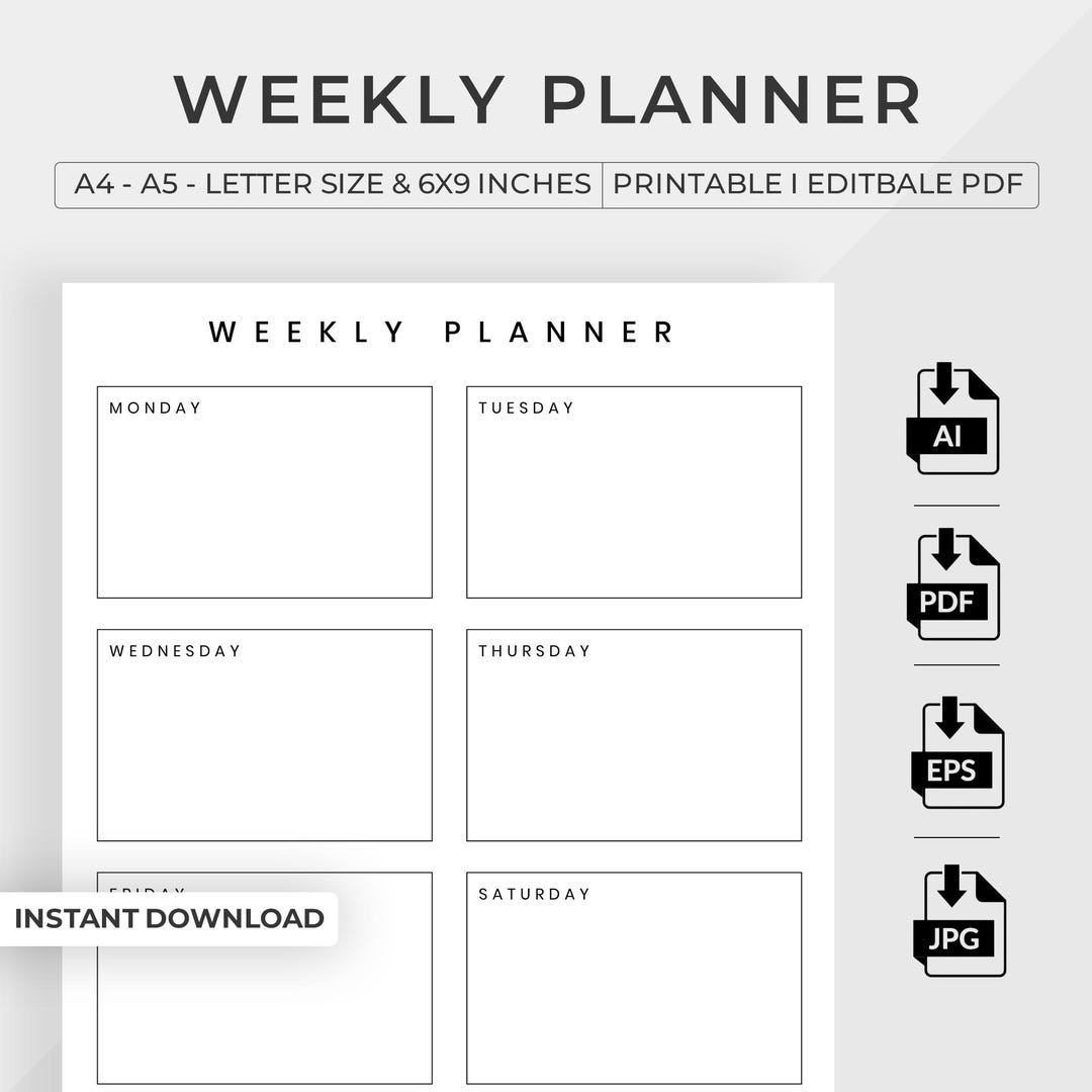 Minimal Weekly Planner Printable | A4 A5 Letter 6x9 (digital Download ...