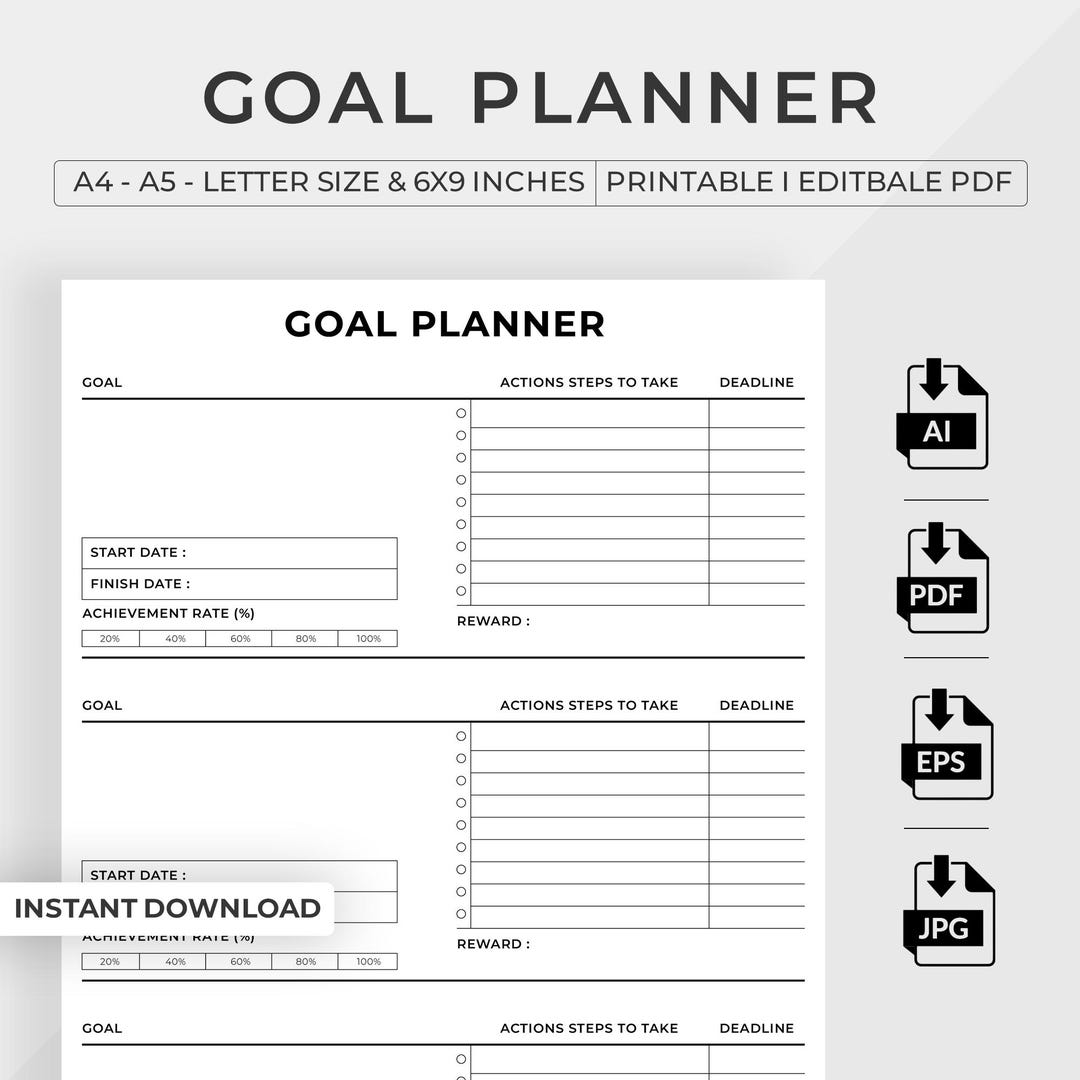 Minimalist Goal Planner Printable | A4 A5 Letter 6x9 (editable PDF) - Etsy