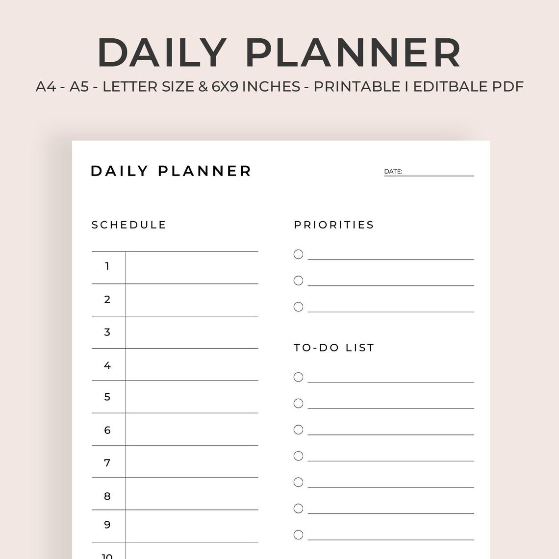 Daily Planner Printable PDF | Editable to Do List | Minimalist Schedule ...