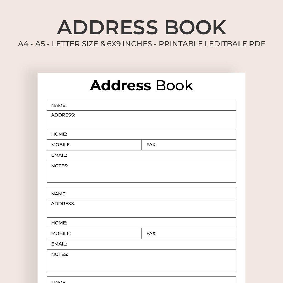 Editable Address Book Printable | Contact List Planner (A4 A5 Letter 6x9) - Etsy
