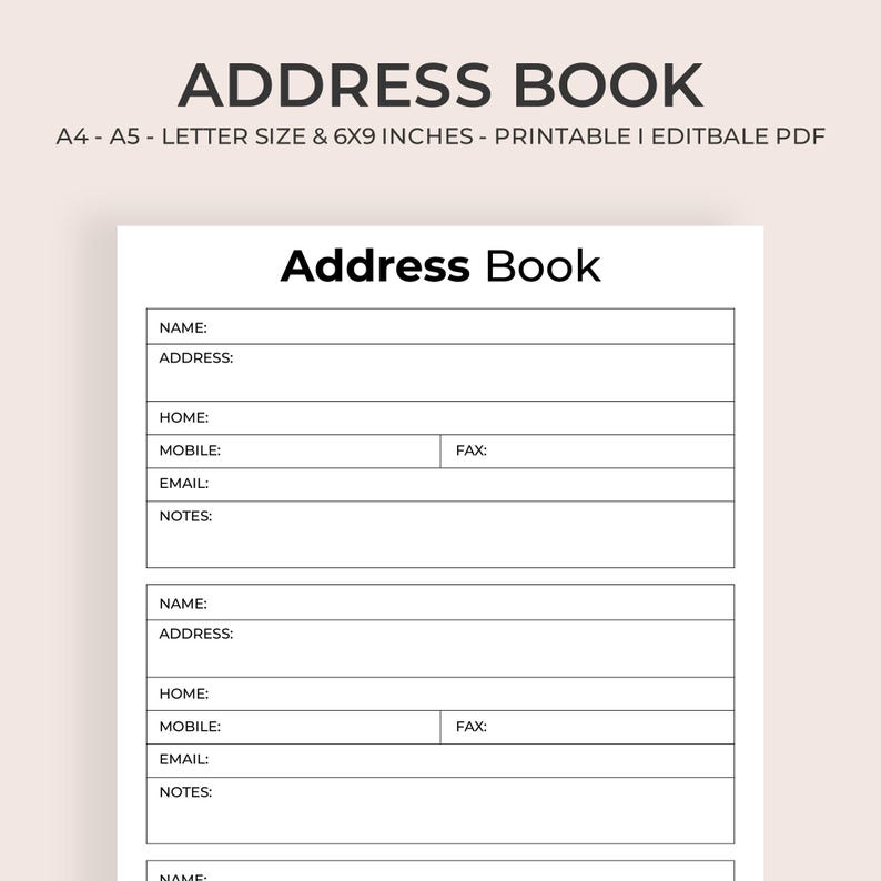 Editable Address Book Printable | Contact List Planner (A4 A5 Letter ...