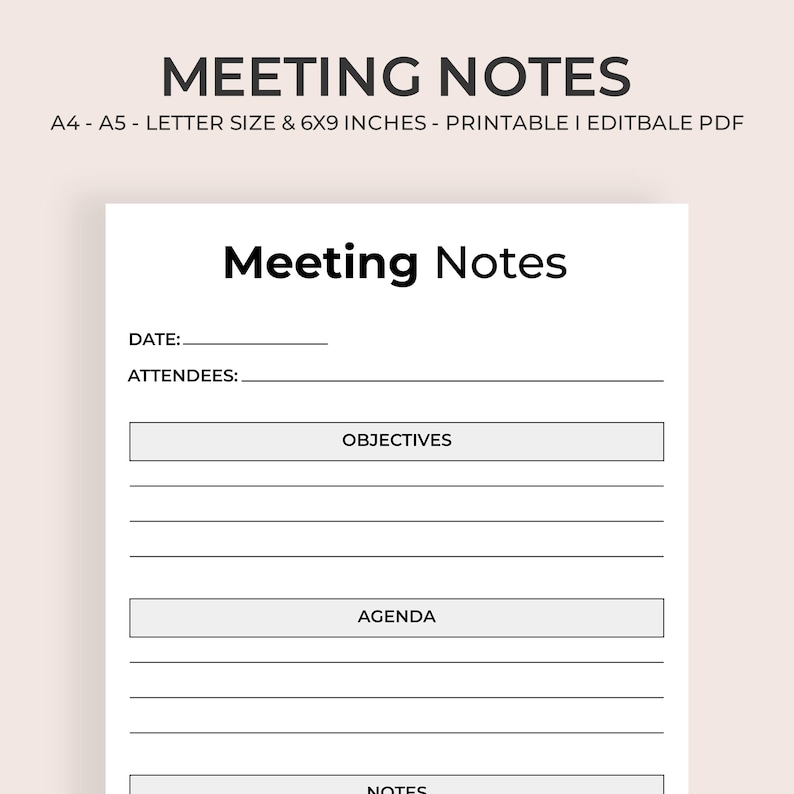 Meeting Notes Printable | Editable Meeting Notes Template | Ai Eps Pdf ...