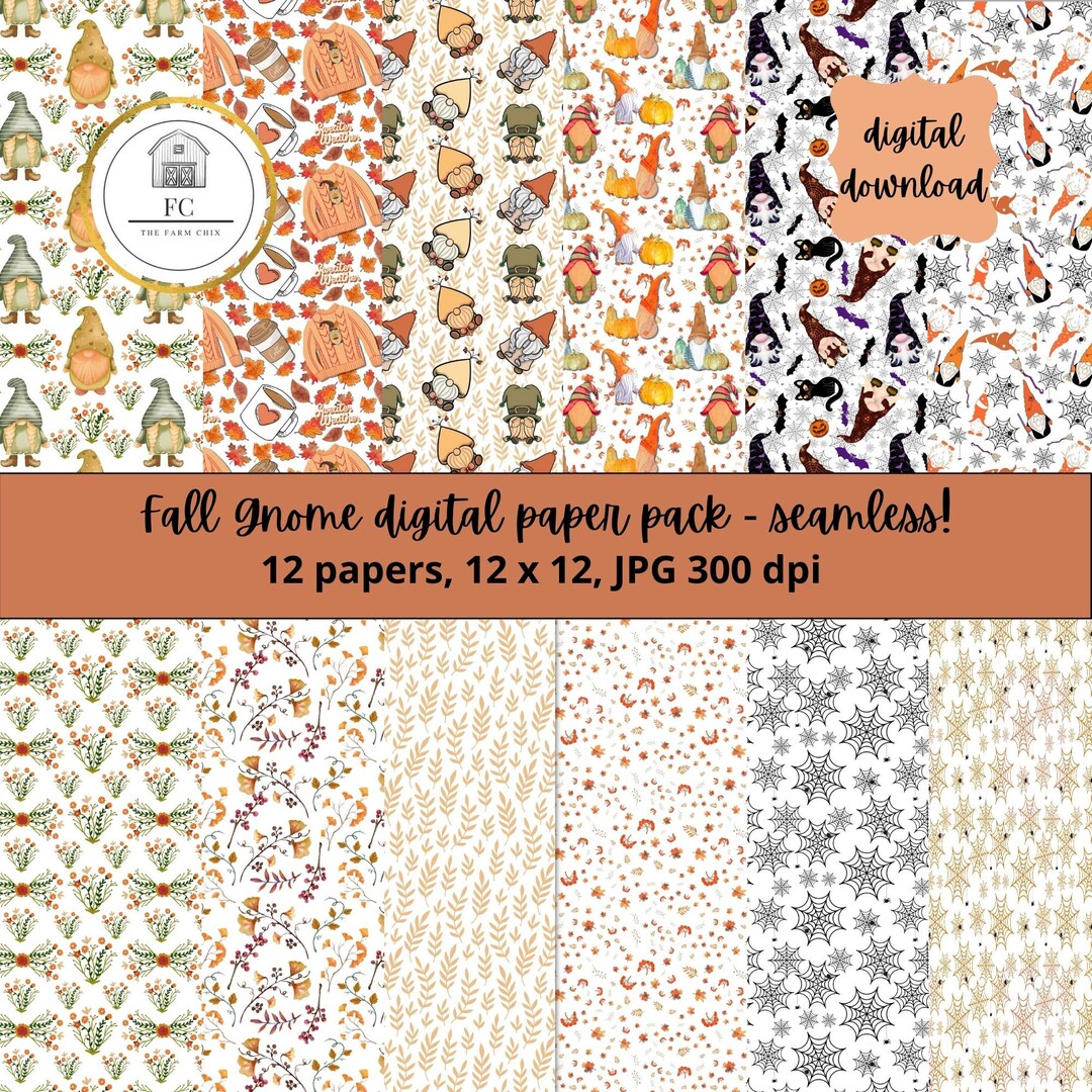 Paper Pack Fall Gnomes Printable Digital, Autumn, Fall, Seamless Gnome ...