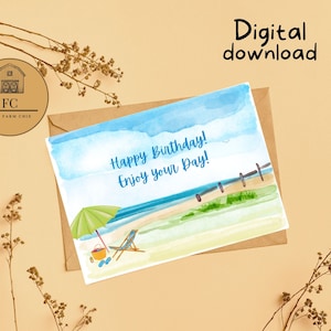 Birthday Beach Printable Greeting Card Instant Download 7" X 5" Card to ...
