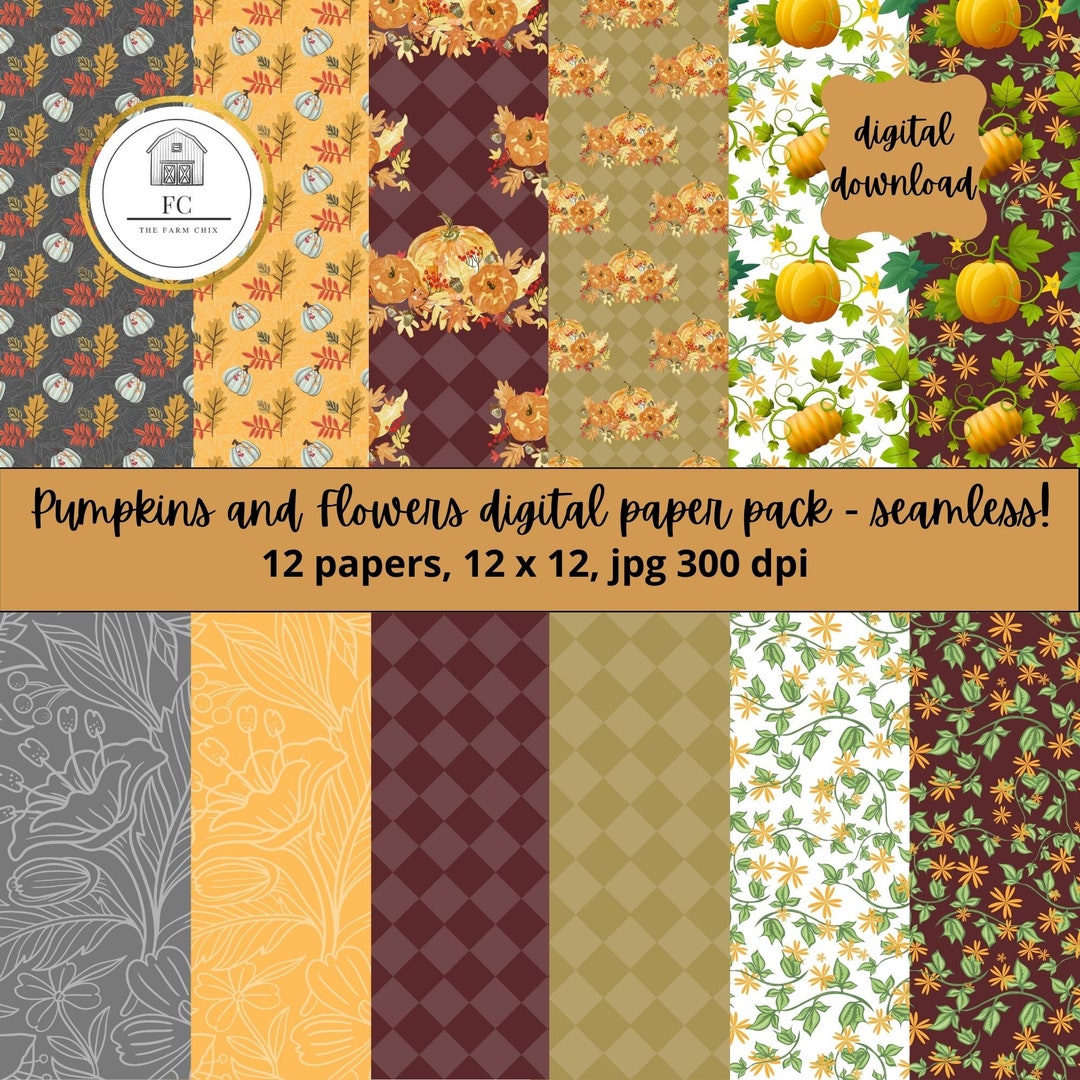 Paper Pack Digital Fall Pumpkin and Flowers, Printable Autumn, Fall ...
