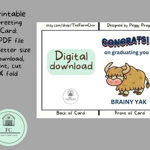 Graduation Brainy Yak Printable Greeting Card Instant Download 5 X 7 ...