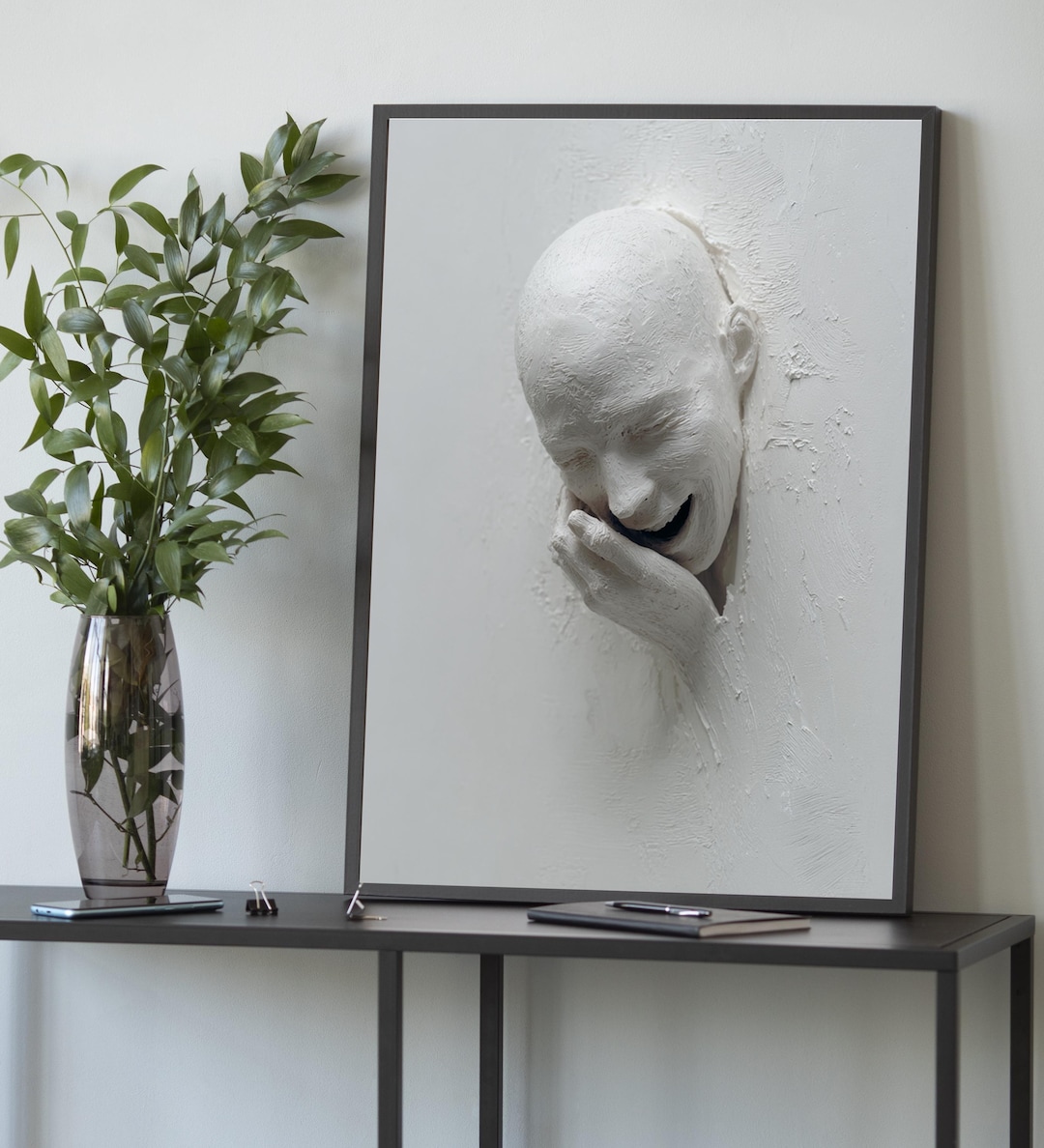 3D Laughing Face Canvas Wall Art – Modern Abstract White Sculpture ...