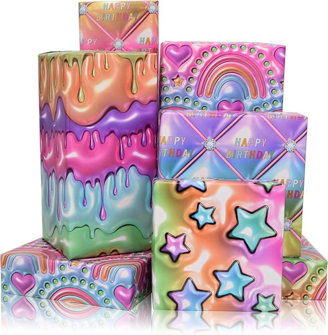 Rainbow Star Wrapping Paper: 3D Effect, Birthday Gift Wrap (8 Sheets ...