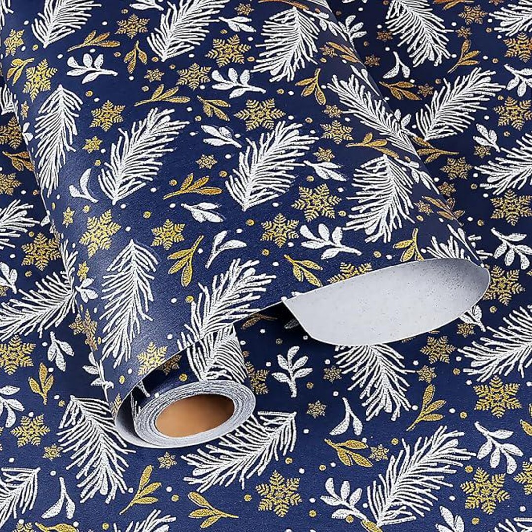 Navy Blue Christmas Wrapping Paper With White & Gold Foil - Etsy