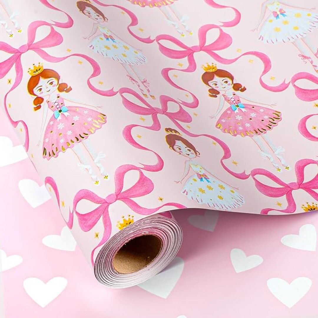 Pink Ballerina Wrapping Paper Roll Reversible Bow Heart Pattern 17x16.5 ...