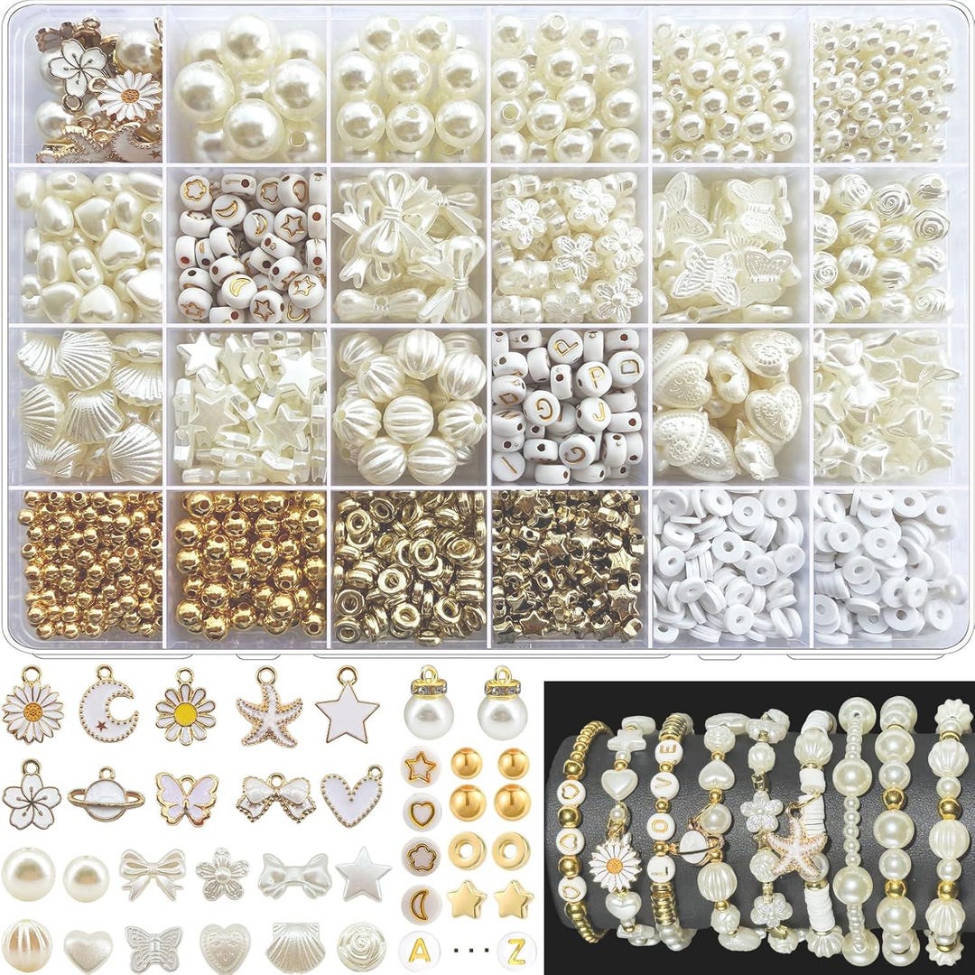 1680PCS Pearl Beads Bracelet Making Kit, Flower Bow Butterfly Heart ...