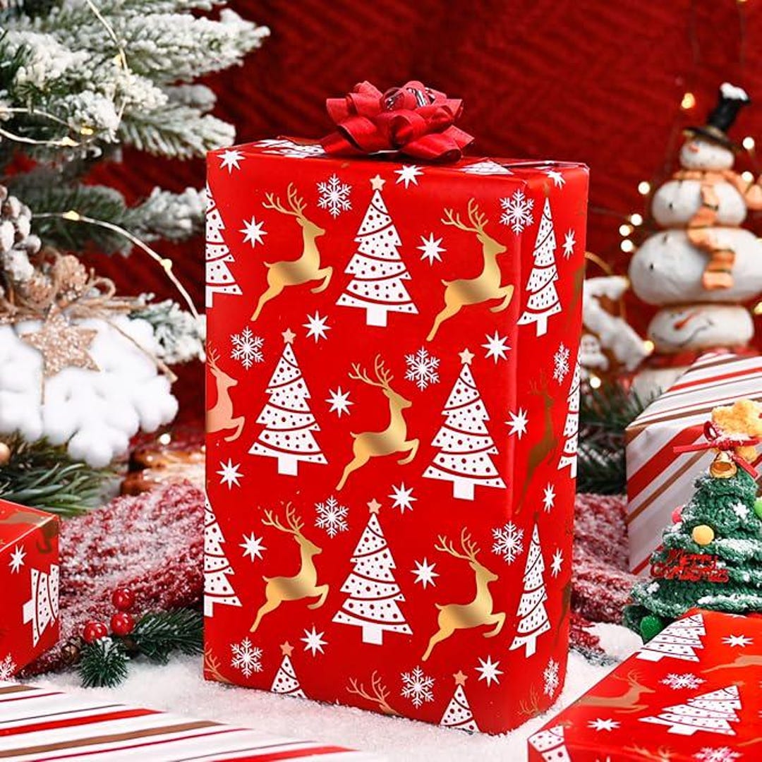 Reversible Christmas Wrapping Paper: Red, Gold Reindeer & Stripes - Etsy