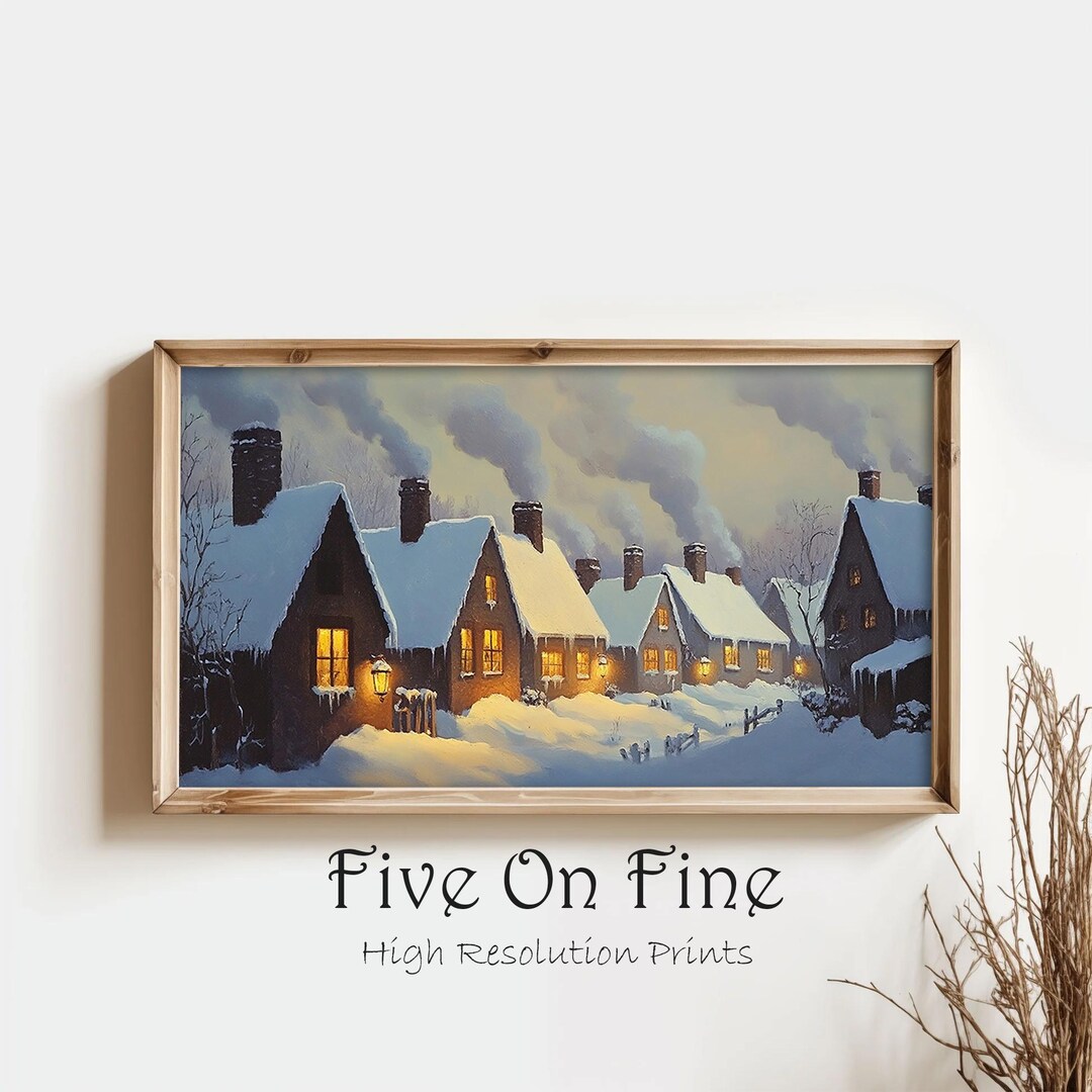 Frame TV - Cozy Winter Village Art Print, Snowy Cottages Painting ...
