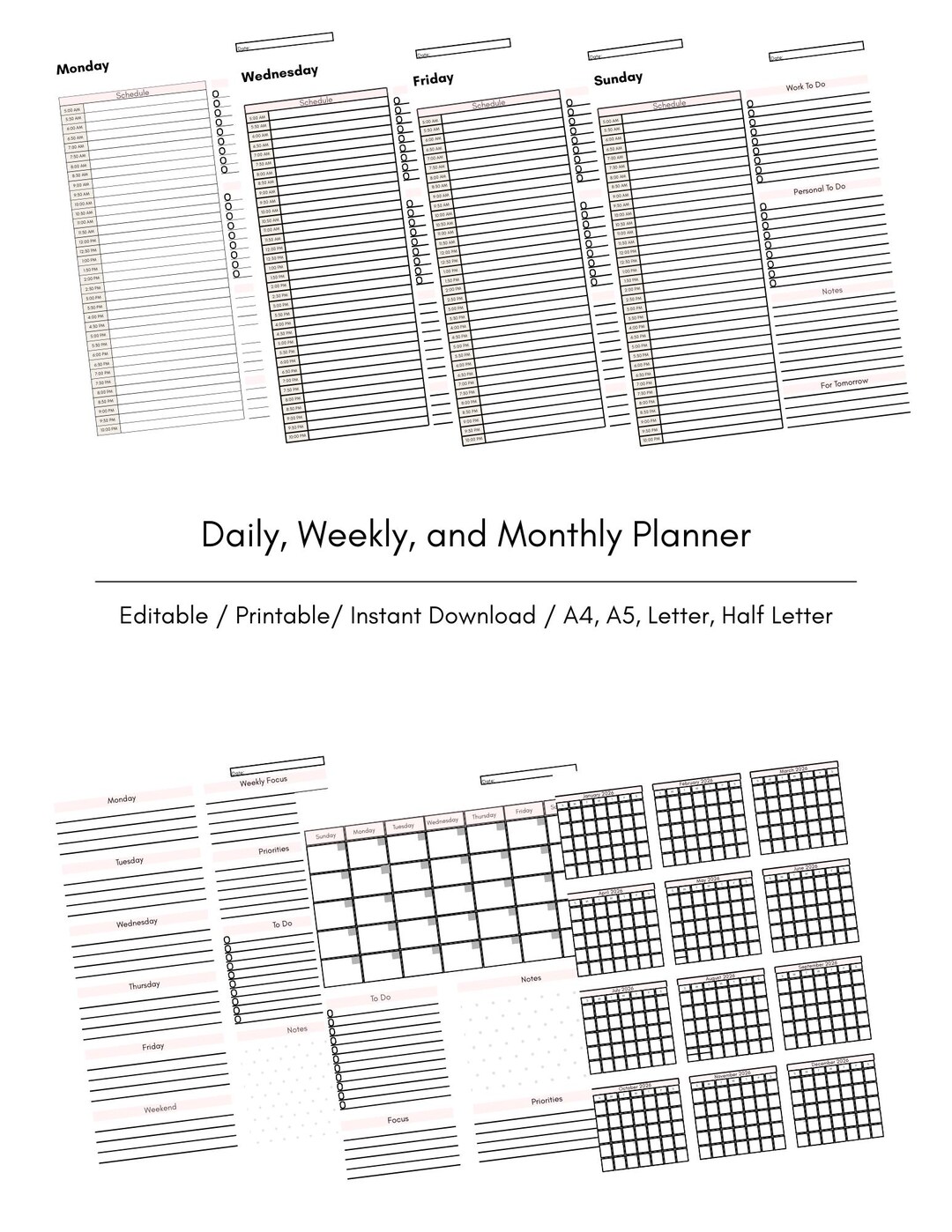 Printable Daily, Weekly, Monthly Planner, Productivity Planner (digital ...
