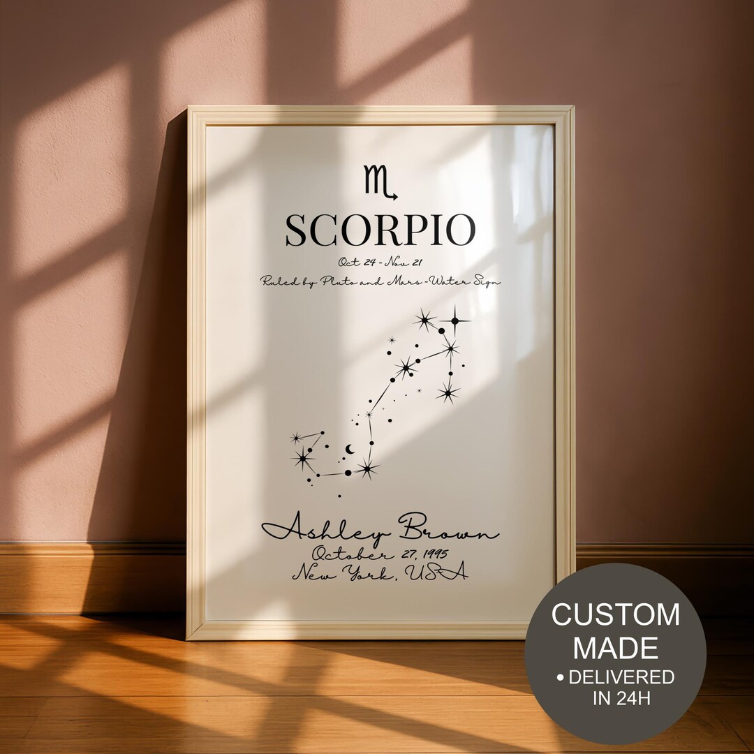 Scorpio Personalized Zodiac Wall Art Gift Custom Script Astrology Print ...