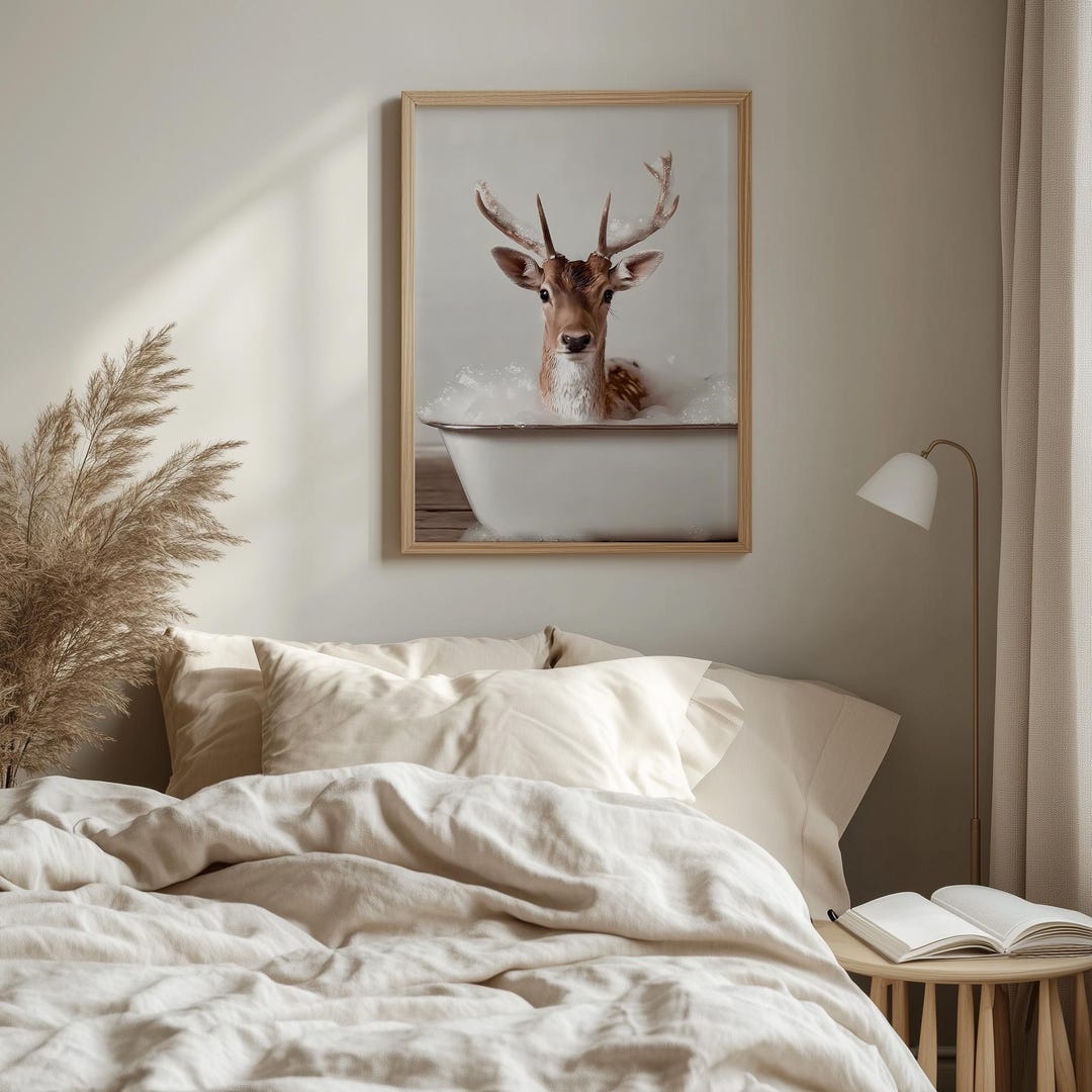 Neutral Farmhouse Deer Print, Stag in Bathtub Wall Art, Cozy Animal ...