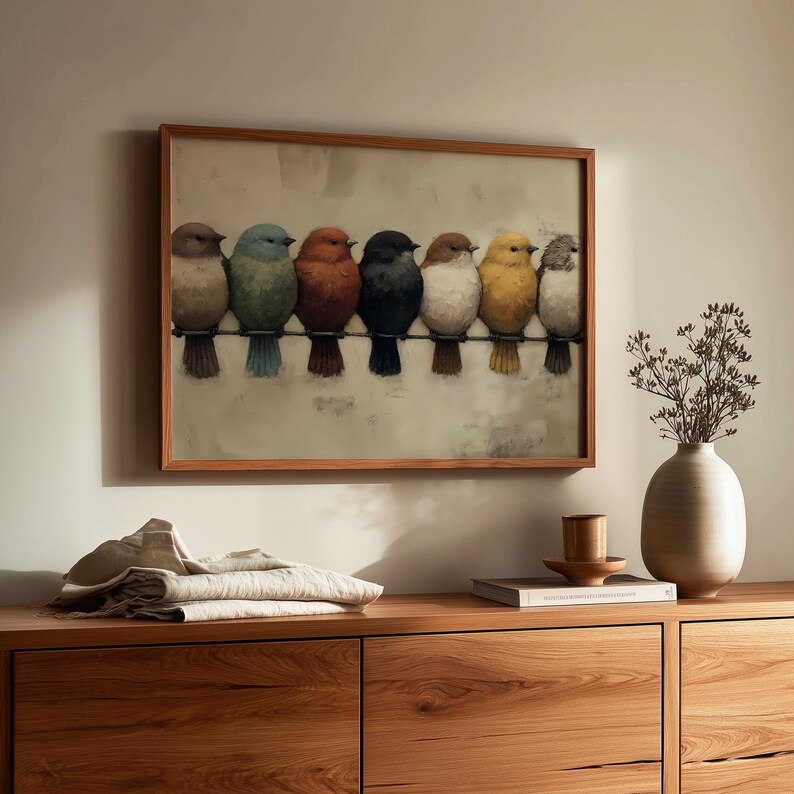 Watercolor Songbirds on Wire Print - Vintage Cottagecore Bird Wall Art ...