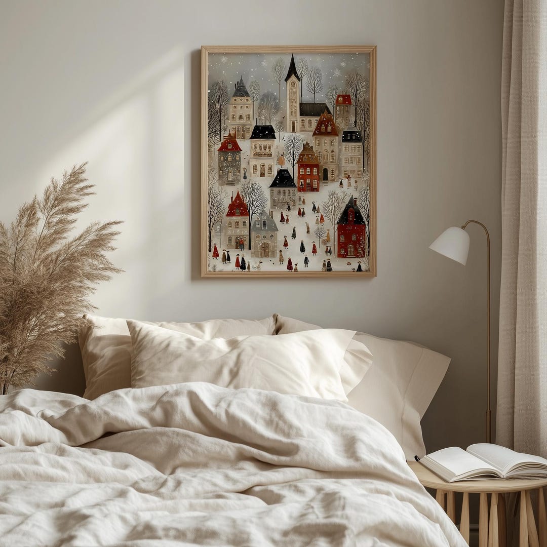 Vintage Winter Village Scene - Cozy Cottagecore Church Steeple Art ...