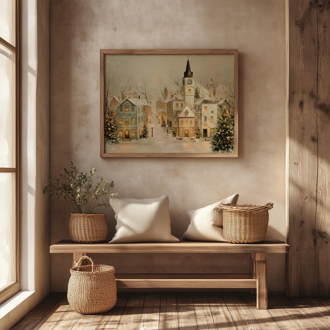 Vintage Christmas Village Painting - Festive Winter Scene, Cozy Church ...