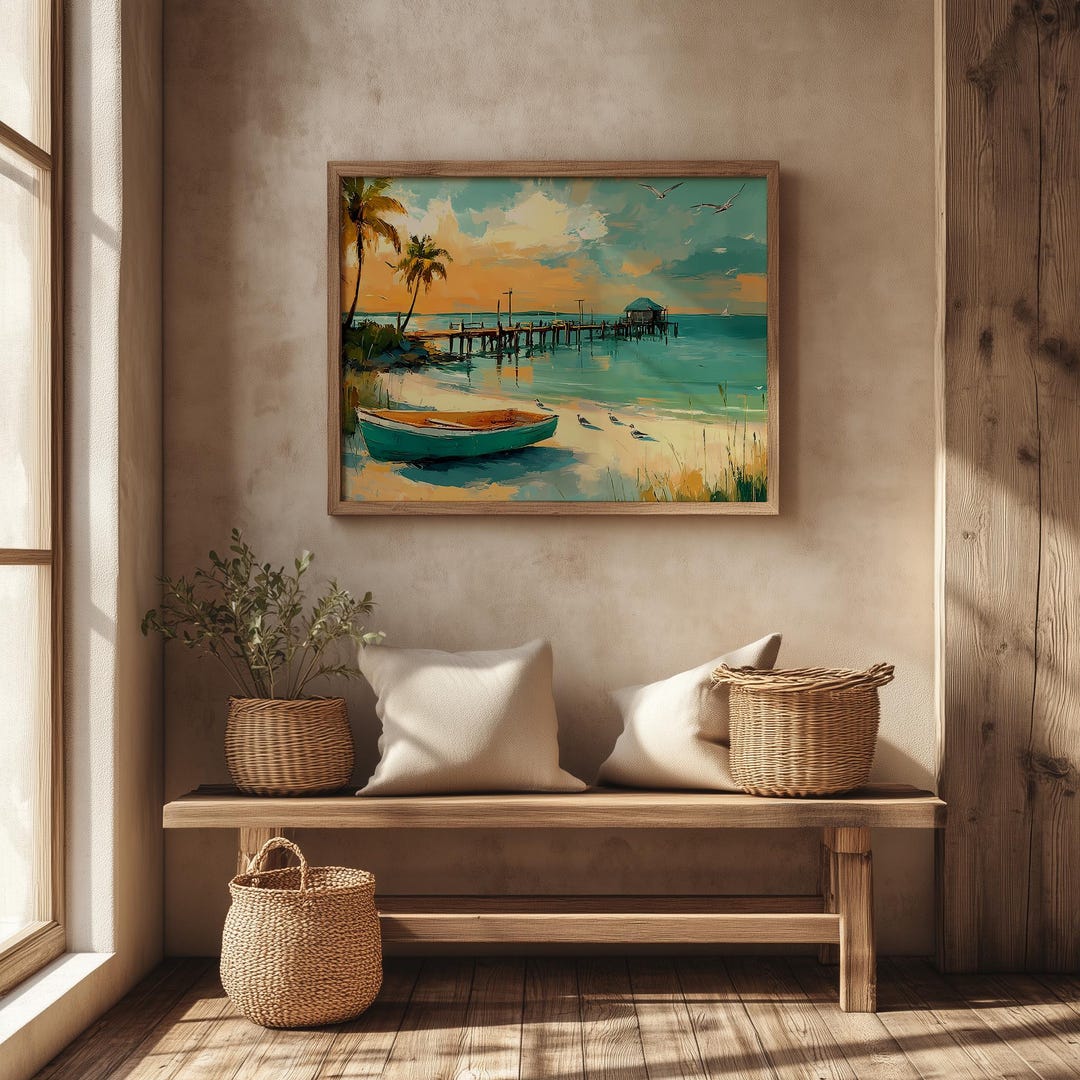Tropical Coastal Rowboat and Pier Painting - Beachy Nautical Decor ...