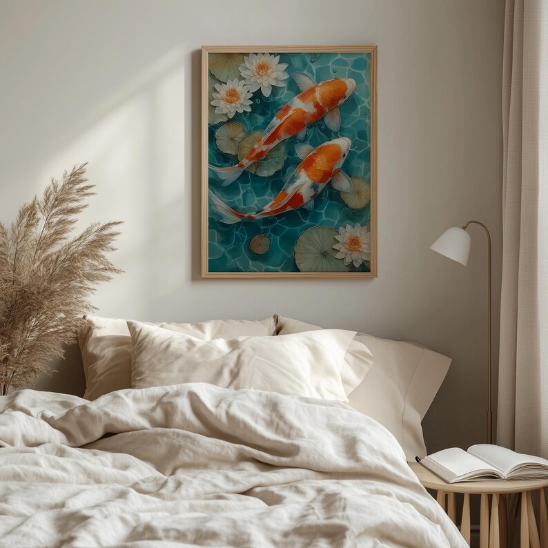 Japanese Watercolor Koi Fish Art - Serene Pond Scene With Lily Pads ...