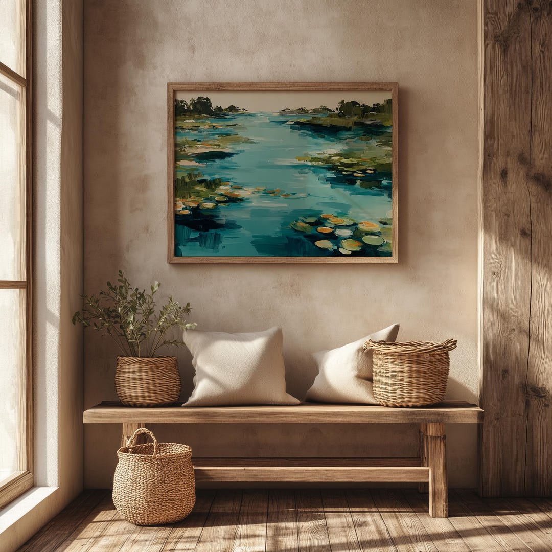 Tranquil Water Landscape Printable - Rustic River Scene, Water Lilies ...