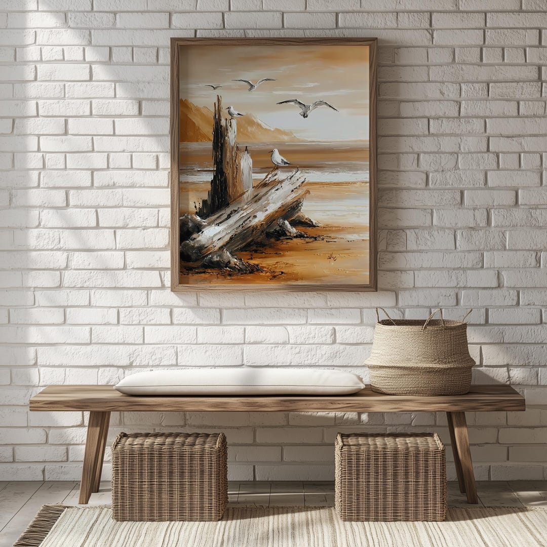 Rustic Coastal Driftwood Painting - Neutral Earthy Beach Scene, Moody ...