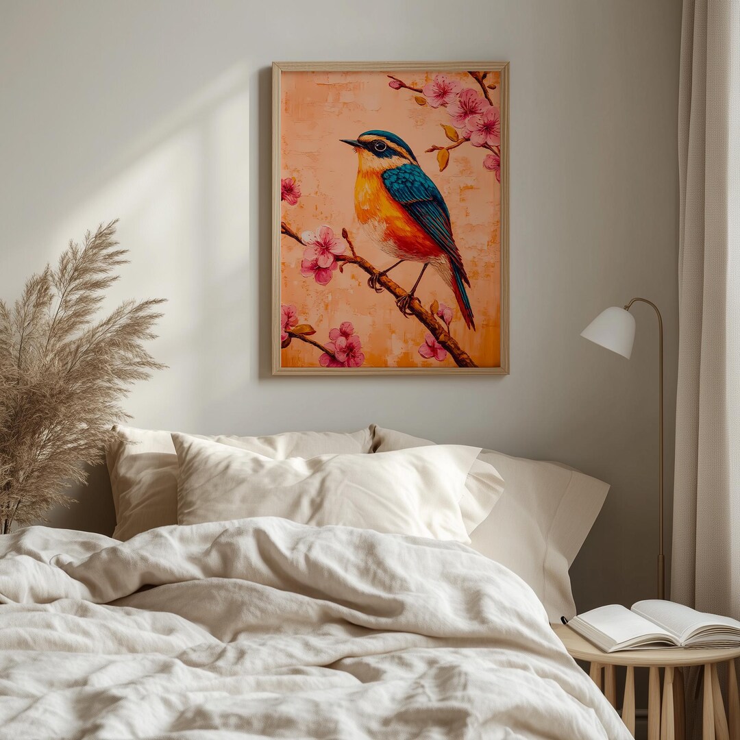 Vintage Cottagecore Bird Print, Blue and Orange Songbird Art, Botanical ...