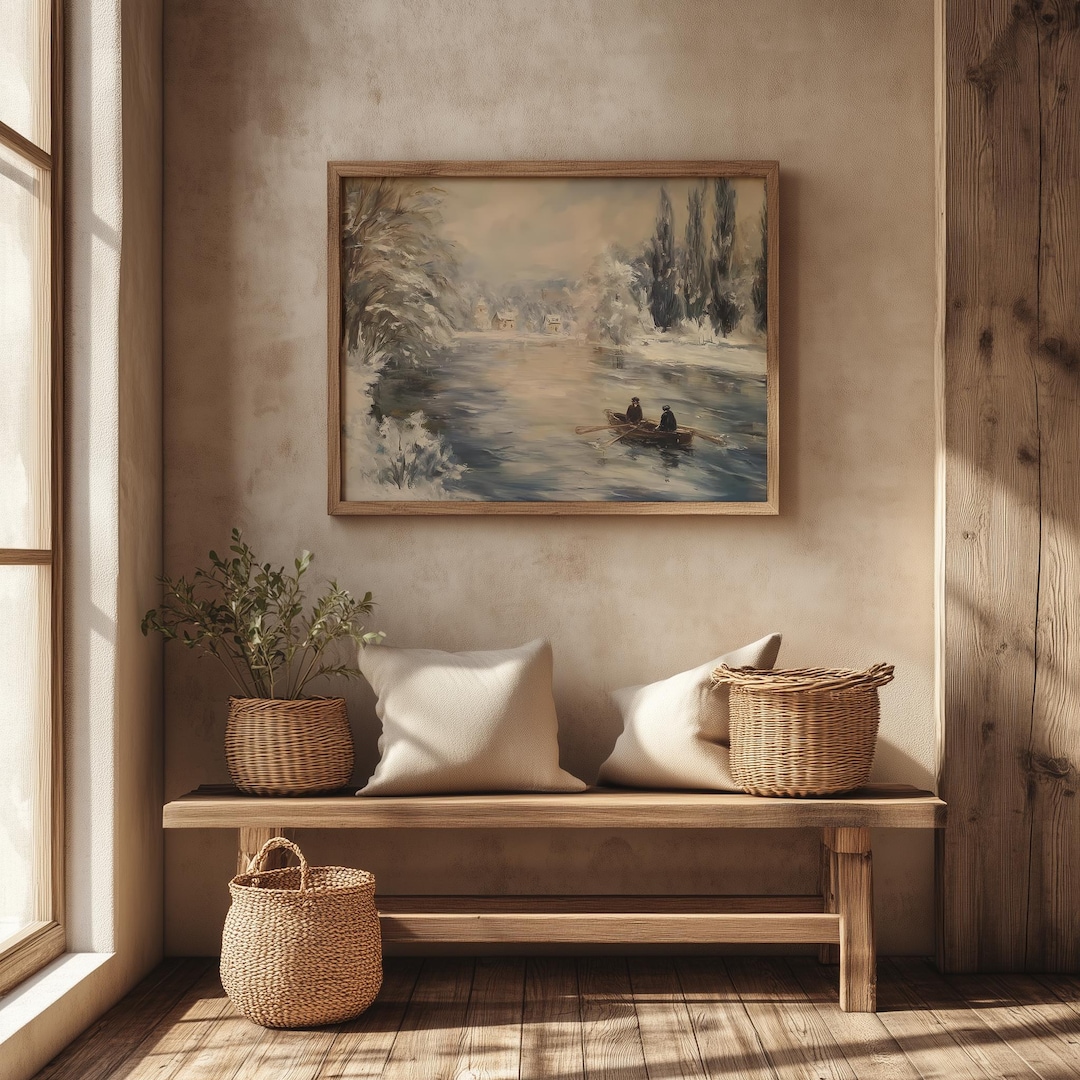 Rustic Winter River Landscape - Printable Boat Scene, Moody Cottagecore ...