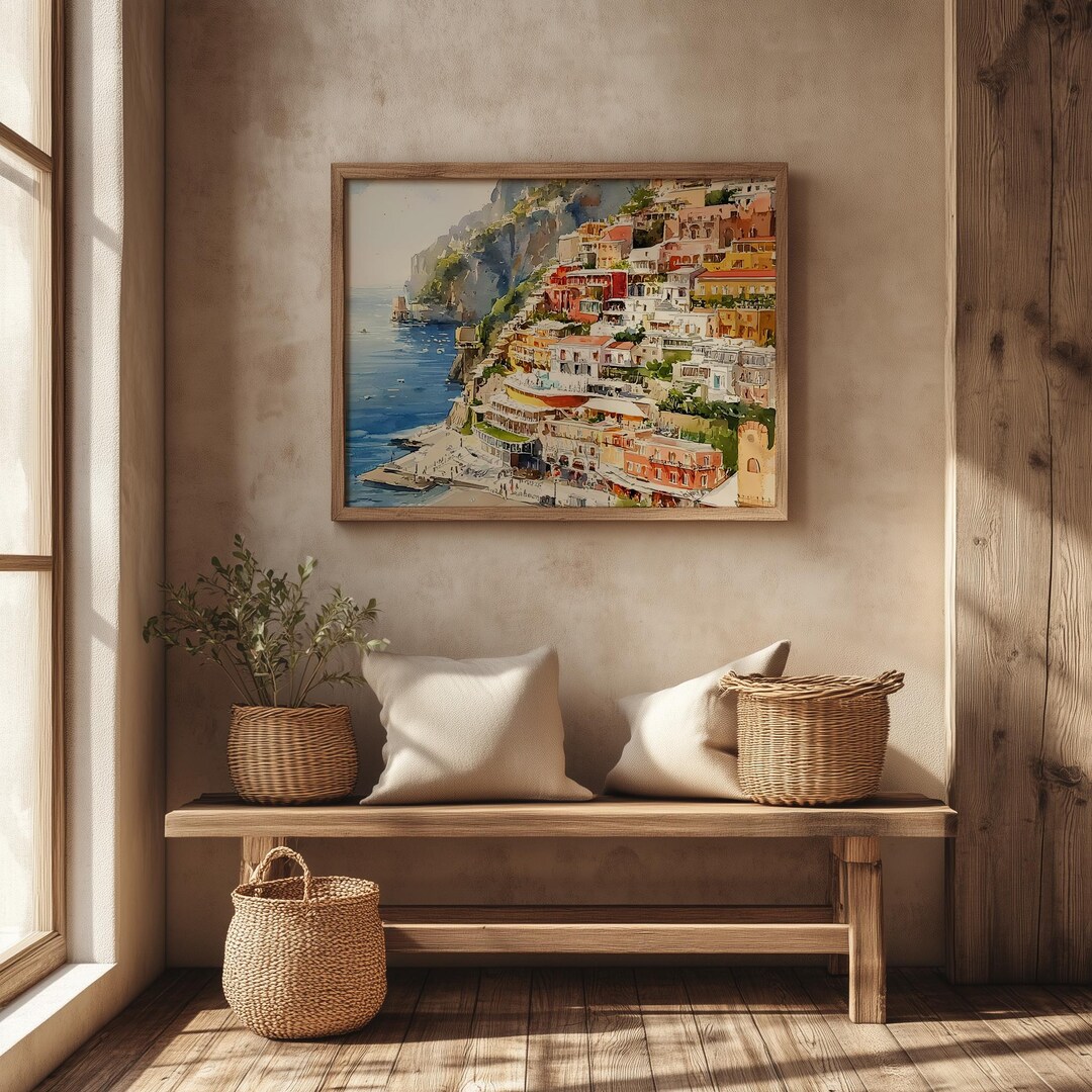 Vintage Mediterranean Cliffside Village Printable - Rustic Coastal Art ...