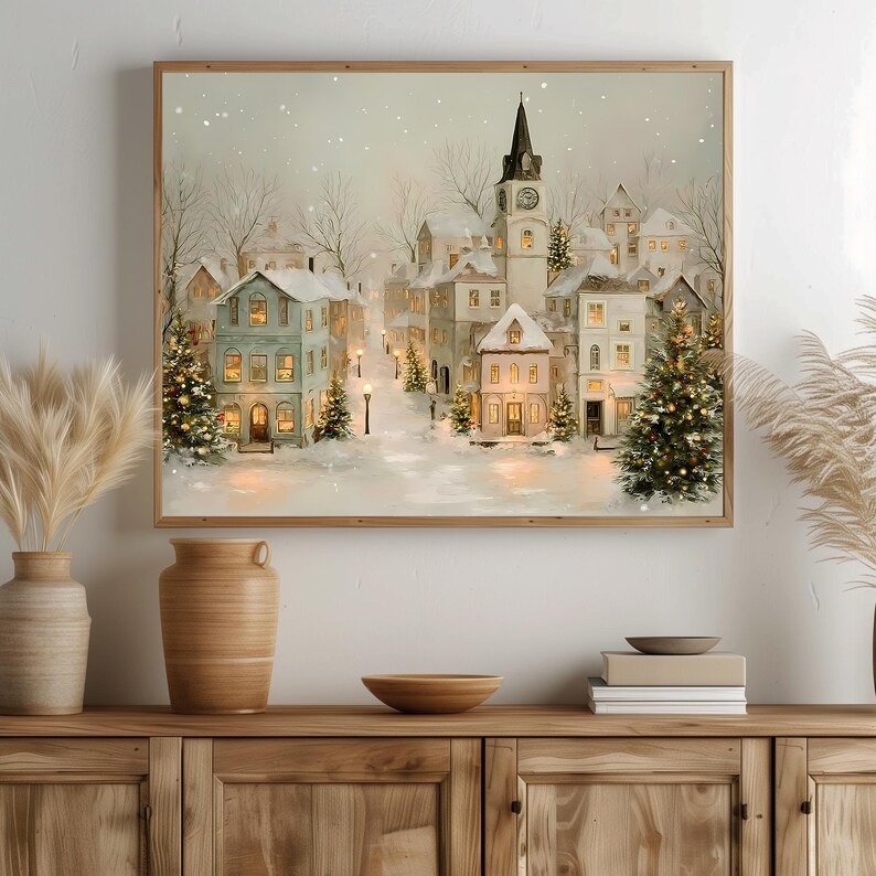 Vintage Christmas Village Painting - Festive Winter Scene, Cozy Church ...