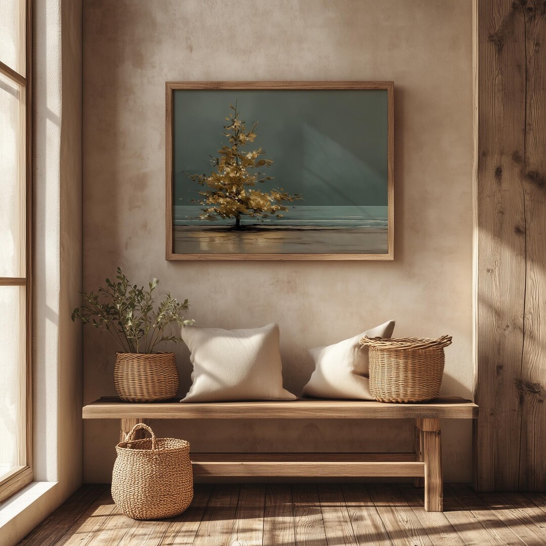 Minimalist Gold Evergreen on Teal Art - Modern Moody Printable Wall ...