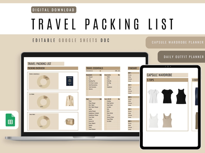 Beige Travel Packing List Template: Google Sheets, Capsule Wardrobe ...