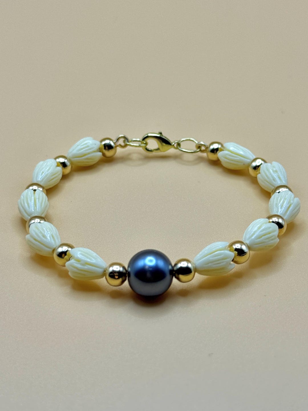 Gold Pikake Flower Bracelet With Grey Pearl, Hawaiian Island Jewelry ...