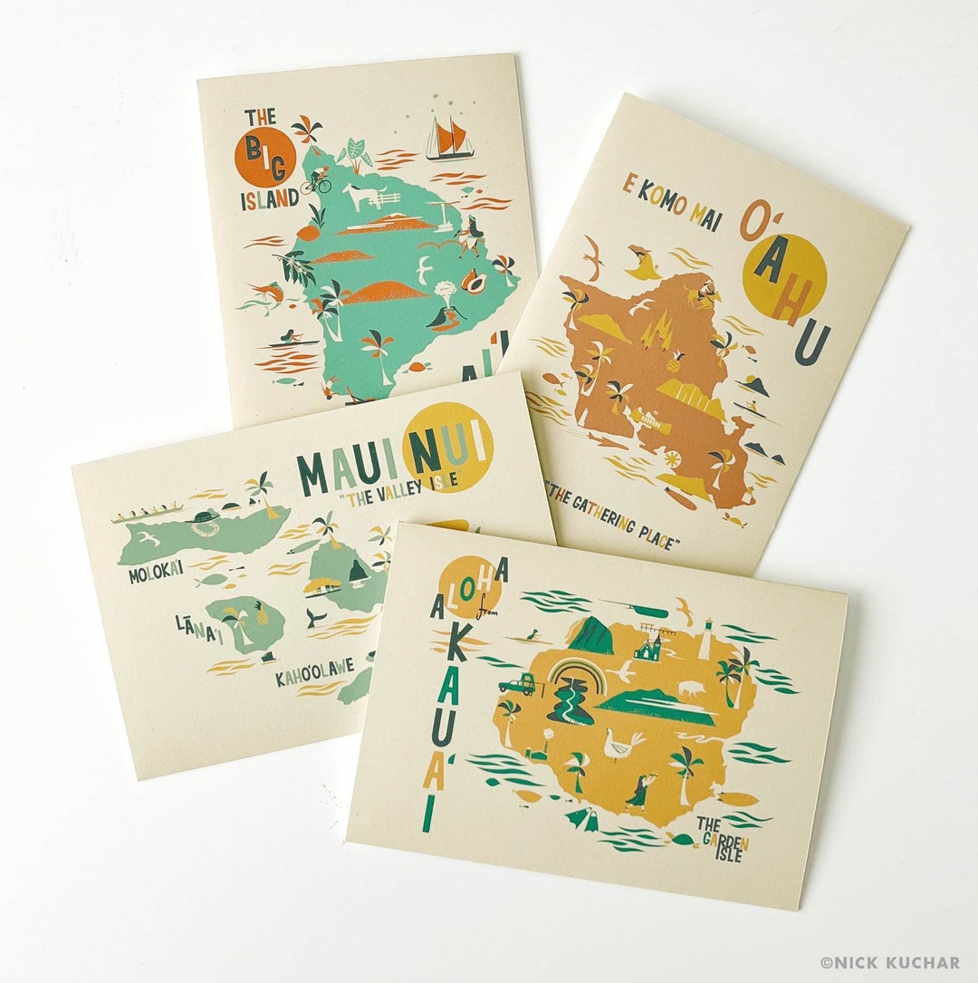 Greeting Card - "hawaiian Island Maps" Set of 4 - Etsy