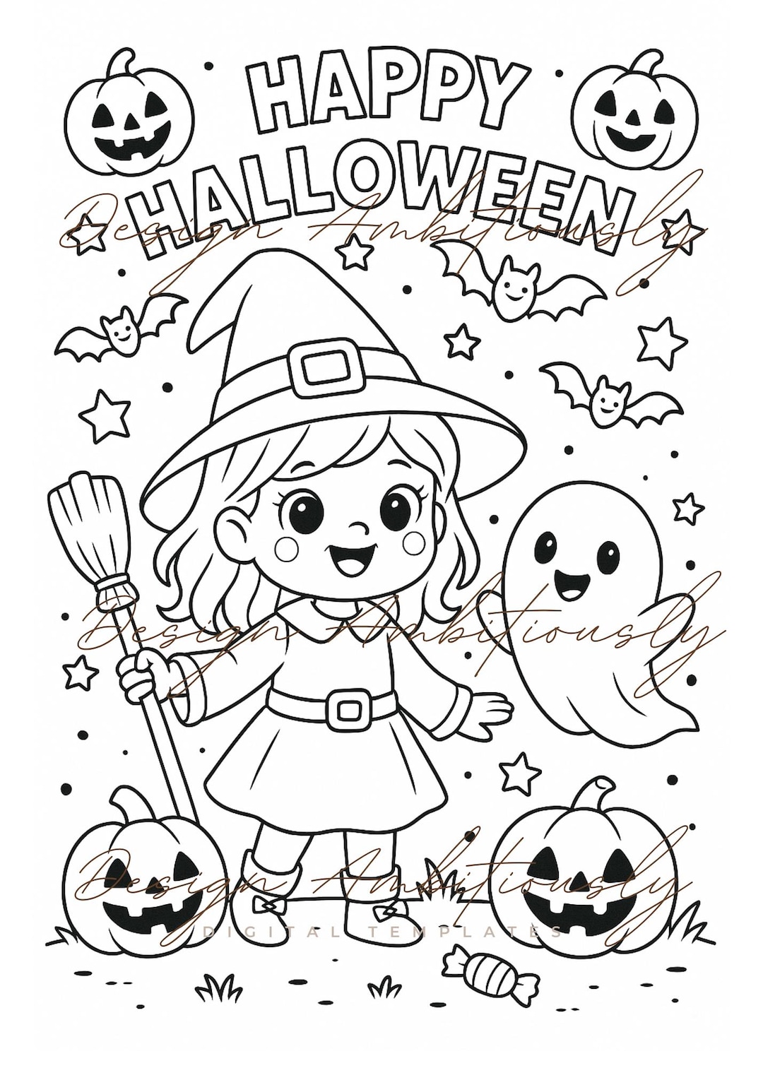 Halloween Coloring Page for Kids | Witch, Ghost, Pumpkins (digital ...