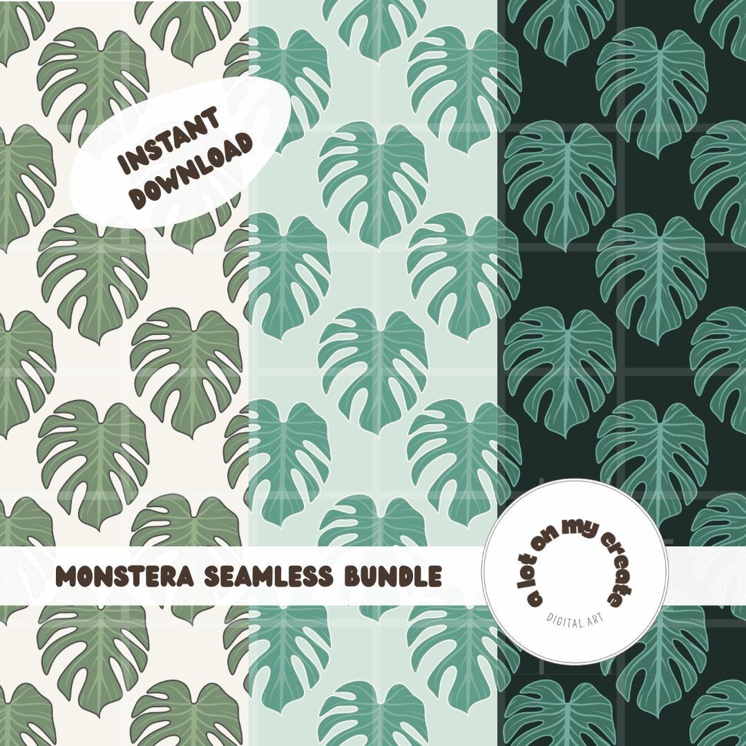 Monstera Botanical Seamless Pattern Bundle | 3 Tropical Leaf Digital ...