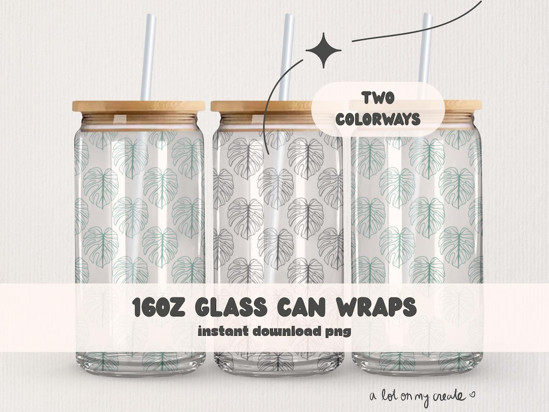 Monstera Glass Can Wrap 16oz | Sage & Charcoal Outlines | 2 Botanical ...