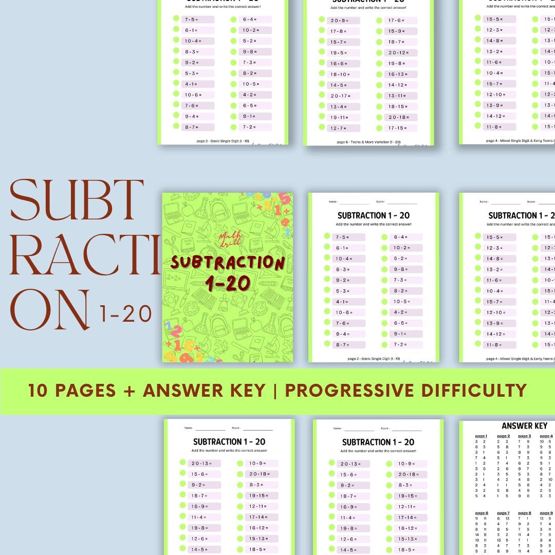Printable Subtraction 1-20 | Kindergarten & Grade 1 Math | Digital ...
