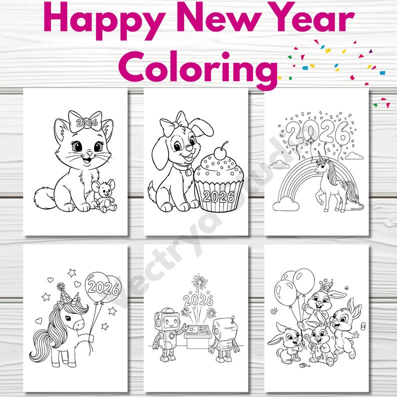 New Year 2026 Coloring Pages for Kids: Unicorns, Dinosaurs, Robots ...