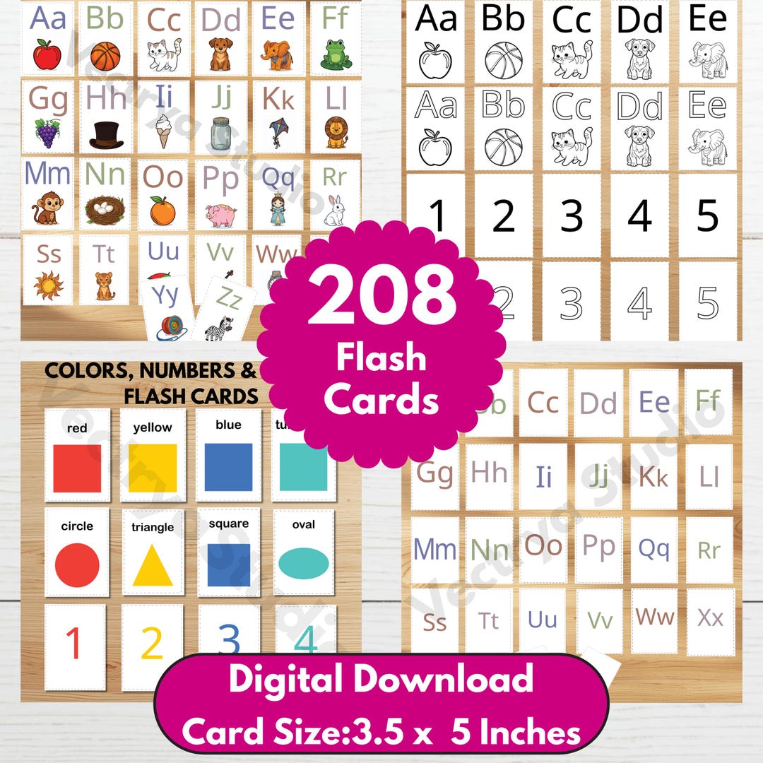 ABC, Alphabet, Numbers, Colors & Shapes Flashcards Bundle: 208 ...