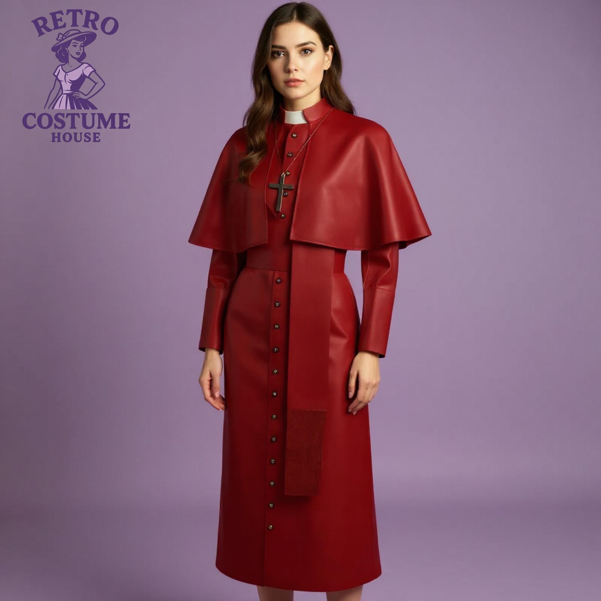 Gothic Priest Costume – Red Leather Clergy Outfit With Cross Necklace ...