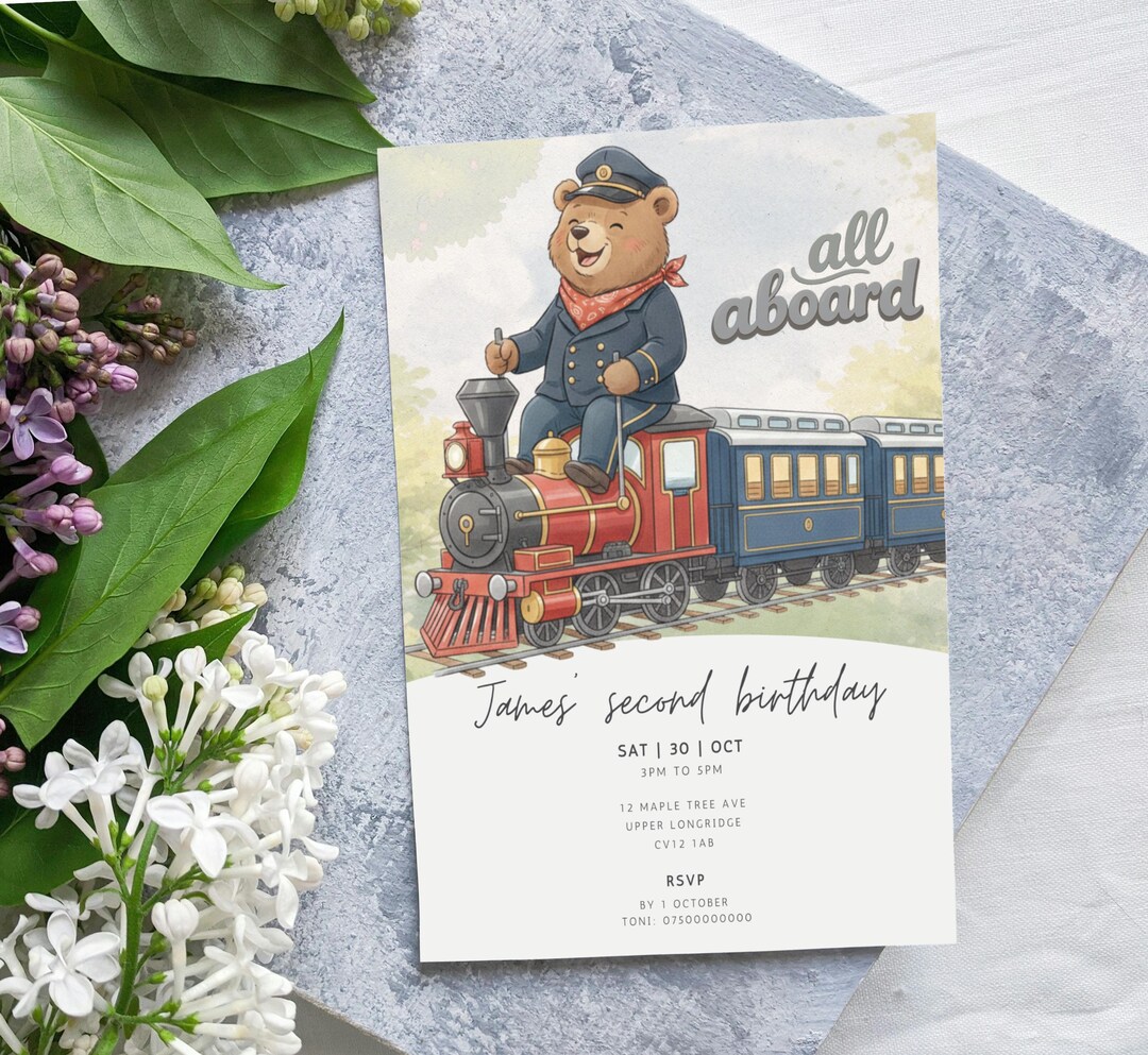Train Birthday Invitation | Teddy Locomotive Steam Train Invite ...