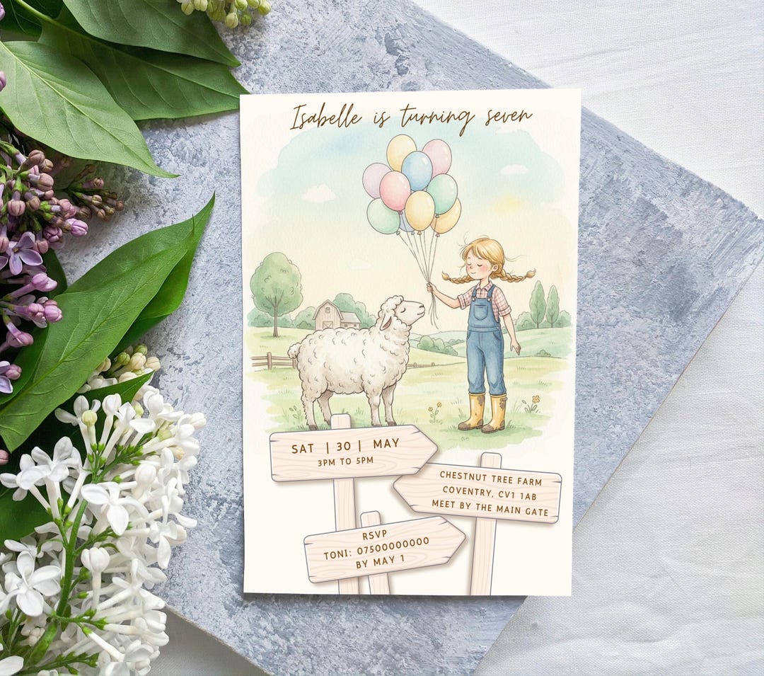 Farm Birthday Invitation | Storybook Style Farmyard Girl and Lamb ...
