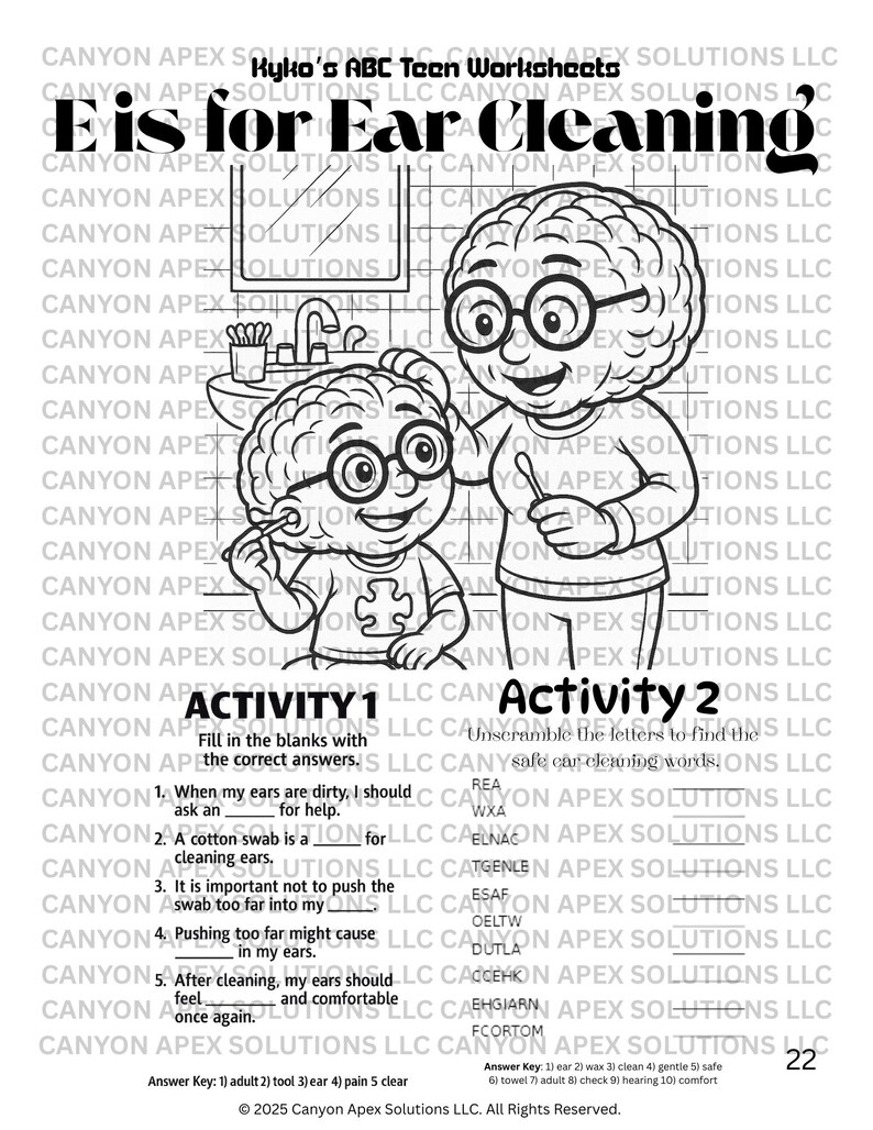 E is for Ear Cleaning - Kyko's ABC Autism Teen Worksheets - 2 Pages - Etsy