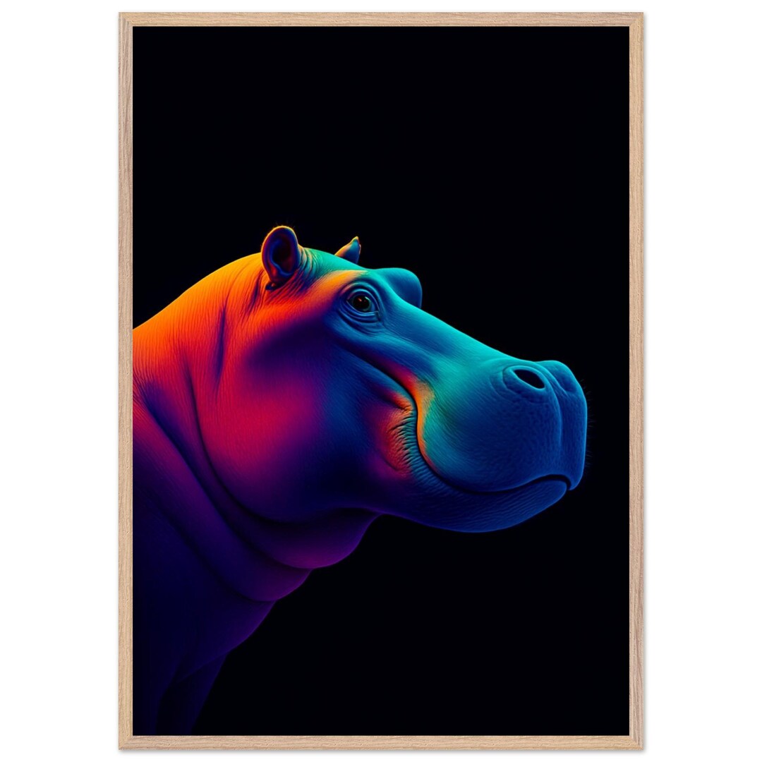 Neon Hippo Wall Art - Colorful Animal Portrait - Framed & Ready to Hang ...